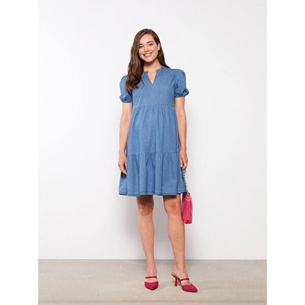 Kaçık Yaka Düz Kısa Kollu Hamile Jean Elbise