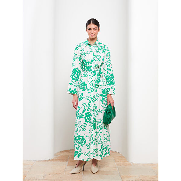 Gömlek Yaka Desenli Uzun Kollu Poplin Kadın Elbise Gömlek Yaka Desenli Uzun Kollu Poplin Kadın Elbise