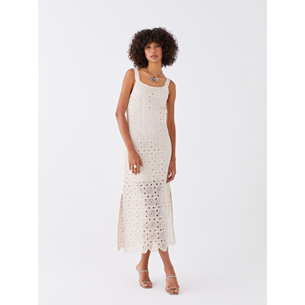 NATUVERA Kare Yaka Tığ İşlemeli Kolsuz Kadın Elbise