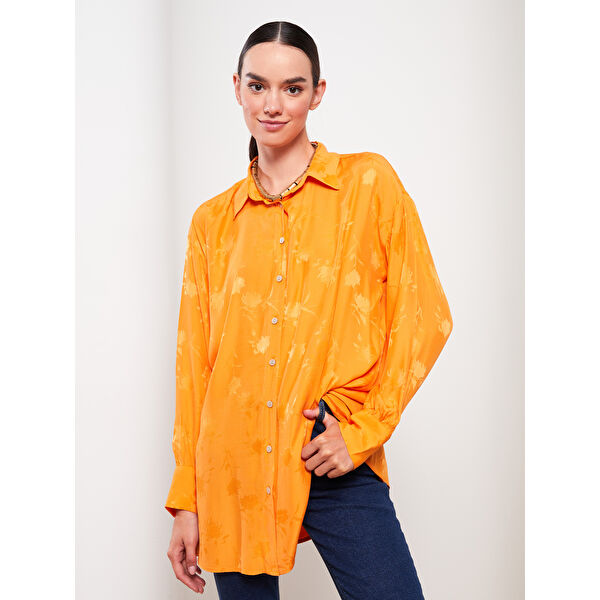 Gömlek Yaka Desenli Uzun Kollu Saten Kadın Tunik
