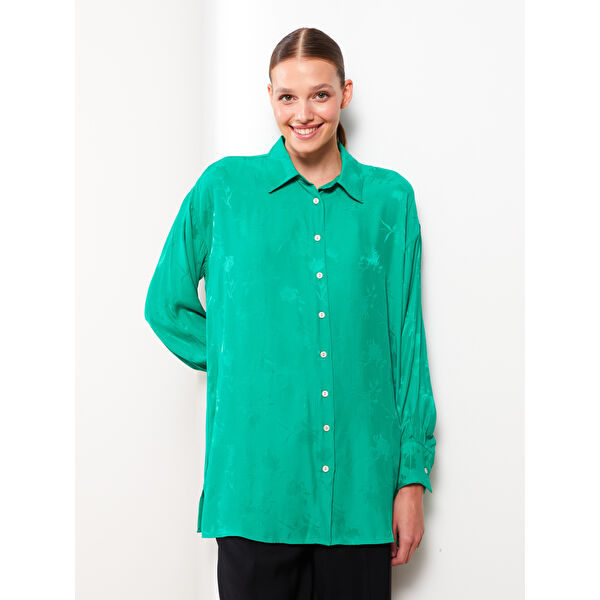 Gömlek Yaka Desenli Uzun Kollu Saten Kadın Tunik