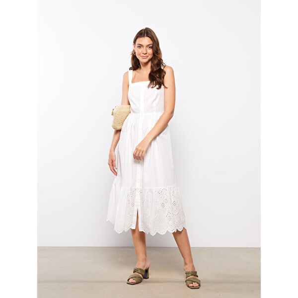 Kare Yaka Düz Kolsuz Poplin Kadın Elbise