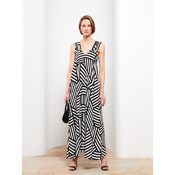 LCW CLASSIC V Yaka Desenli Kolsuz Viskon Kadın Elbise