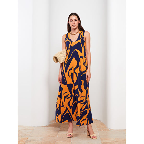 V Yaka Desenli Kolsuz Viskon Kadın Elbise