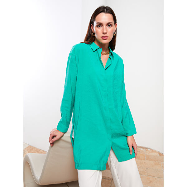 Gömlek Yaka Düz Uzun Kollu Tencel Kadın Tunik
