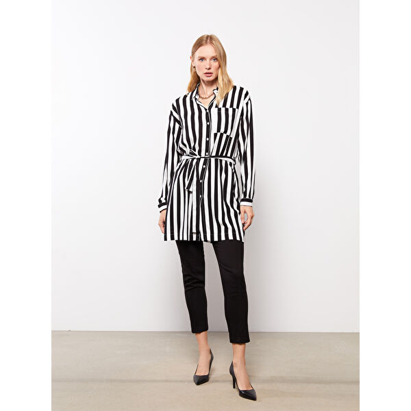 Gömlek Yaka Çizgili Uzun Kollu Viskon Kadın Tunik