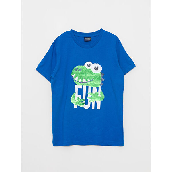 Bisiklet Yaka Baskılı Çift Yönlü Payetli Kısa Kollu Pamuklu Erkek Çocuk Tişört