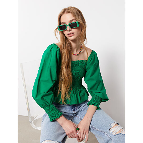 Kare Yaka Düz Uzun Poplin Kollu Kadın Bluz