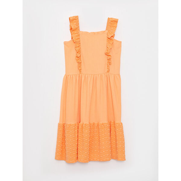 Kare Yaka Kendinden Desenli Askılı Kız Çocuk Elbise