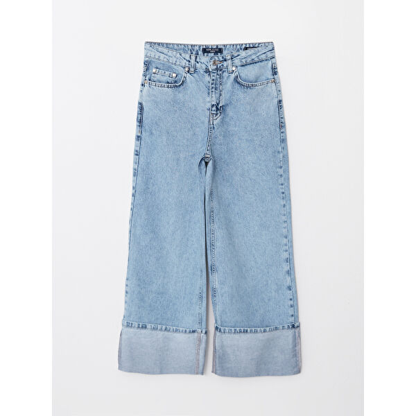 Yüksek Bel Standart Fit Düz Geniş Paça Kadın Rodeo Jean Pantolon