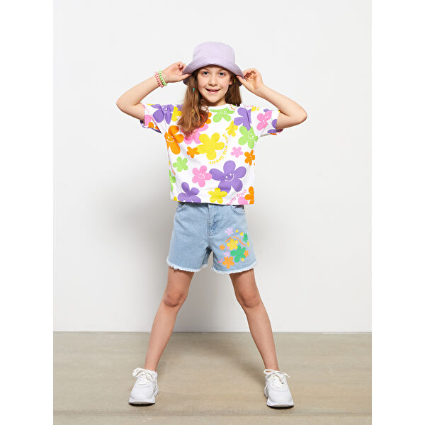 Baskılı Kız Çocuk Jean Şort