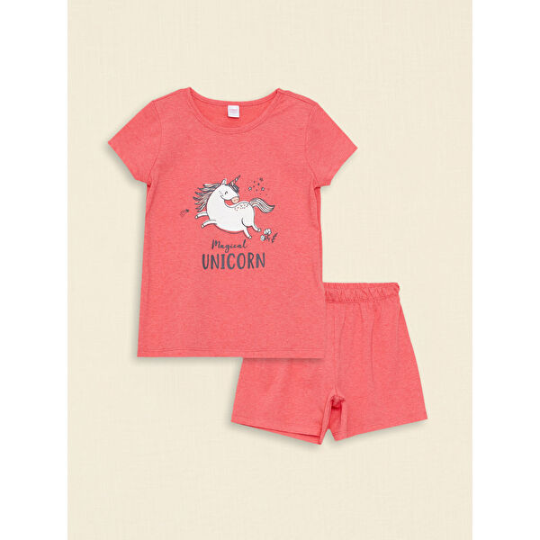 Bisiklet Yaka Baskılı Kısa Kollu Kız Çocuk Şortlu Pijama Takımı Bisiklet Yaka Baskılı Kısa Kollu Kız Çocuk Şortlu Pijama Takımı