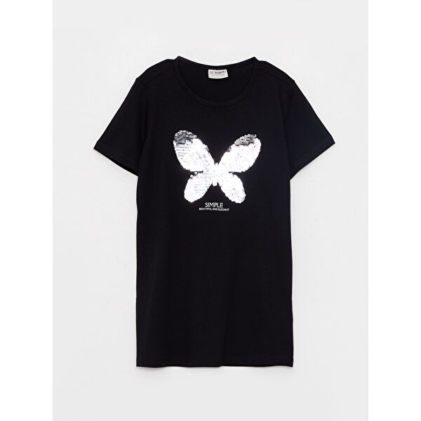 Bisiklet Yaka Baskılı Pul İşlemeli Kısa Kollu Pamuklu Kız Çocuk Tişört Bisiklet Yaka Baskılı Pul İşlemeli Kısa Kollu Pamuklu Kız Çocuk Tişört