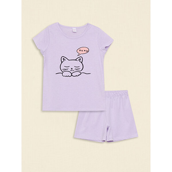 Bisiklet Yaka Baskılı Kısa Kollu Kız Çocuk Şortlu Pijama Takımı