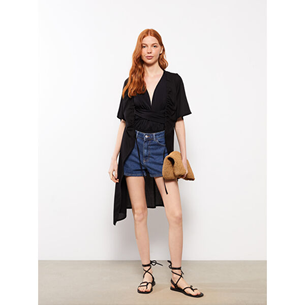 V Yaka Düz Kısa Kollu Viskon Kadın Kimono