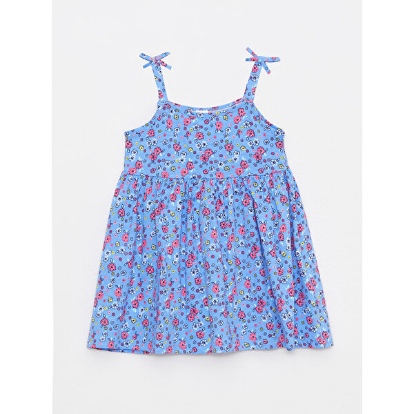 Kare Yaka Askılı Baskılı Kız Bebek Elbise
