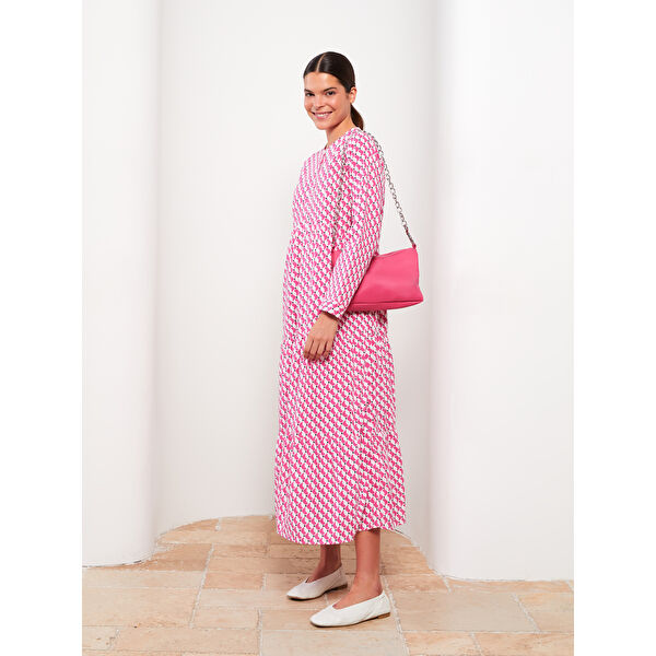 Bisiklet Yaka Desenli Uzun Kollu Poplin Kadın Elbise Bisiklet Yaka Desenli Uzun Kollu Poplin Kadın Elbise