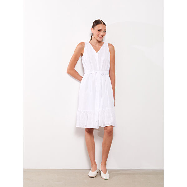 V Yaka Nakışlı Kolsuz Poplin Kadın Elbise