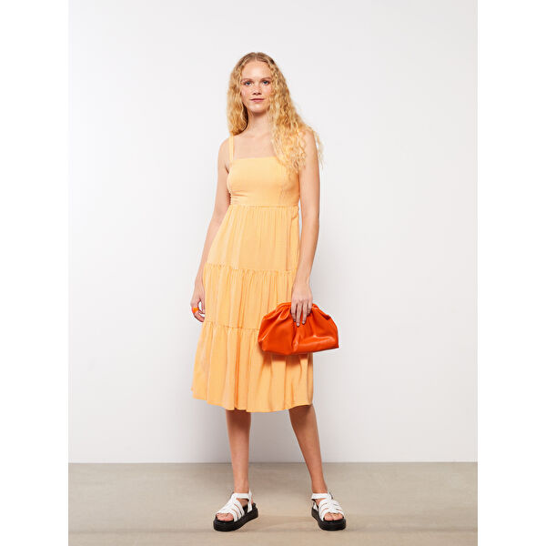 Kare Yaka Ekose Kolsuz Poplin Kadın Elbise