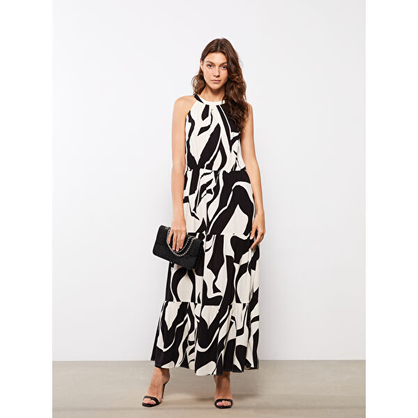 Halter Yaka Desenli Kolsuz Viskon Kadın Elbise