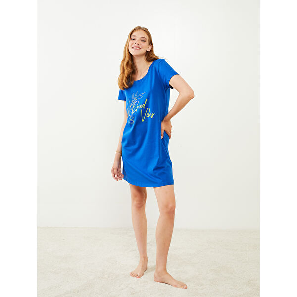 Bisiklet Yaka Baskılı Kısa Kollu Pamuklu Kadın Gecelik