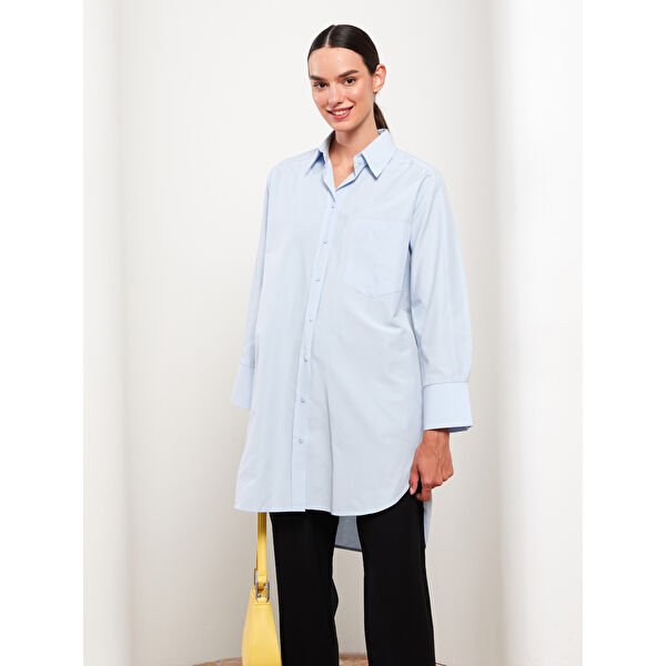 Gömlek Yaka Düz Uzun Kollu Oversize Poplin Kadın Tunik