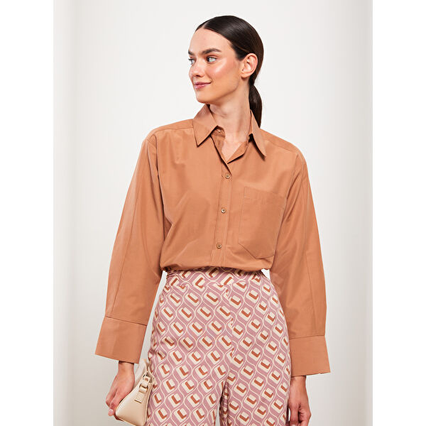 Gömlek Yaka Düz Uzun Kollu Oversize Poplin Kadın Tunik