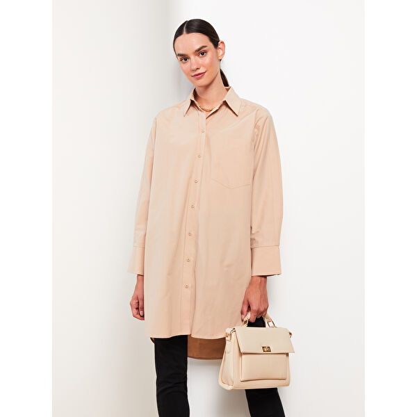 Gömlek Yaka Düz Uzun Kollu Oversize Poplin Kadın Tunik
