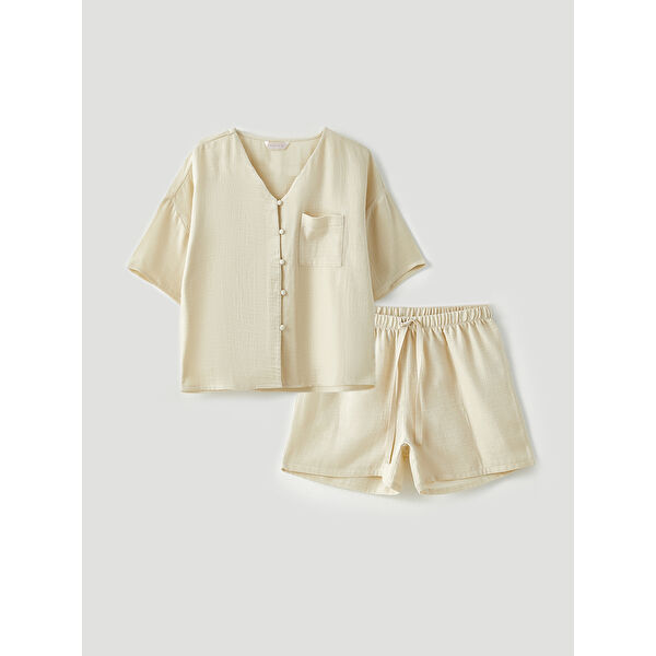 V Yaka Düz Kısa Kollu Pamuklu Kadın Pijama Takımı