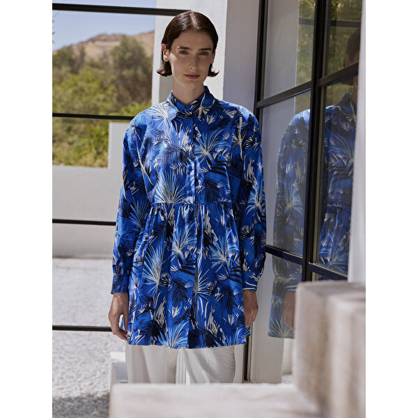 Kevser Sarıoğlu x LCW Modest Gömlek Yaka Desenli Uzun Kollu Poplin Kadın Tunik