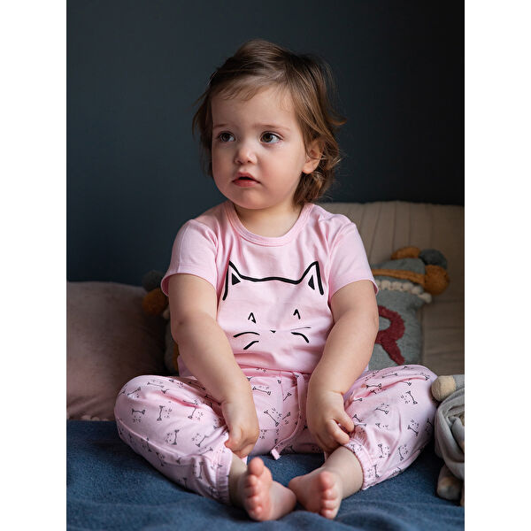 Antebies Bisiklet Yaka Kısa Kollu Baskılı Organik Pamuklu Kız Bebek 2'li Takım