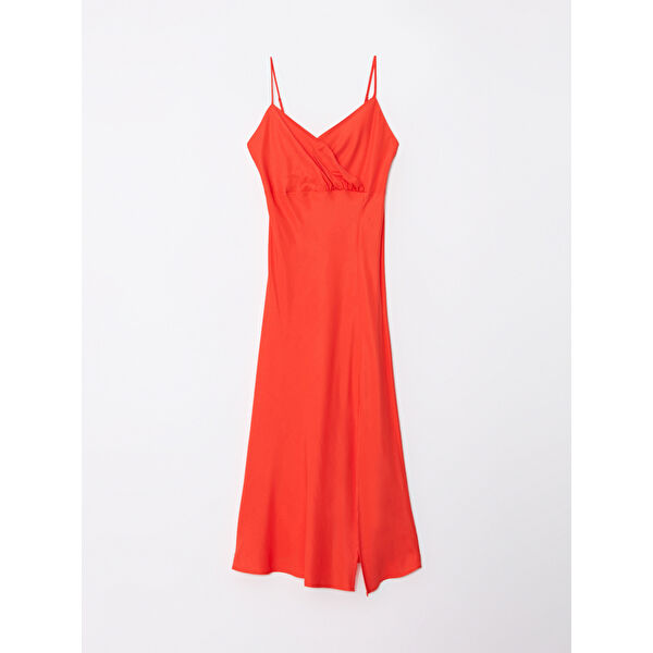 LCW LIMITED Kruvaze Yaka Düz Askılı Saten Kadın Elbise