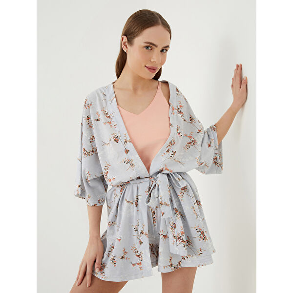 Ecrou V Yaka Çiçekli Kadın Pijama Takımı