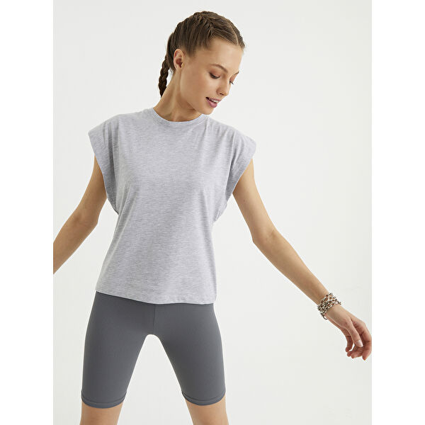 Ecrou Bisiklet Yaka Düz Kısa Kollu Pamuklu Kadın Tişört