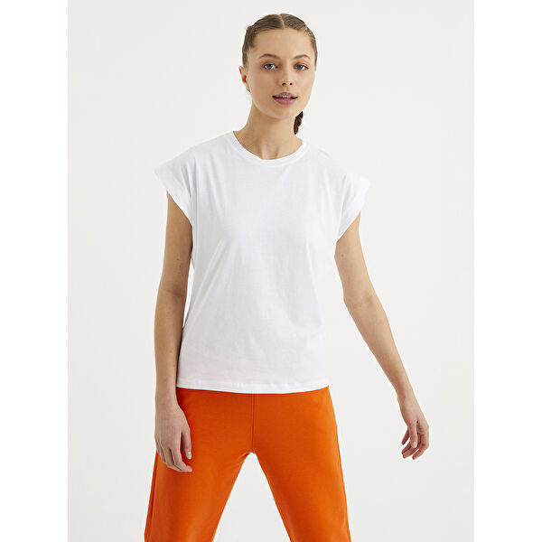 Ecrou Bisiklet Yaka Düz Kısa Kollu Pamuklu Kadın Tişört