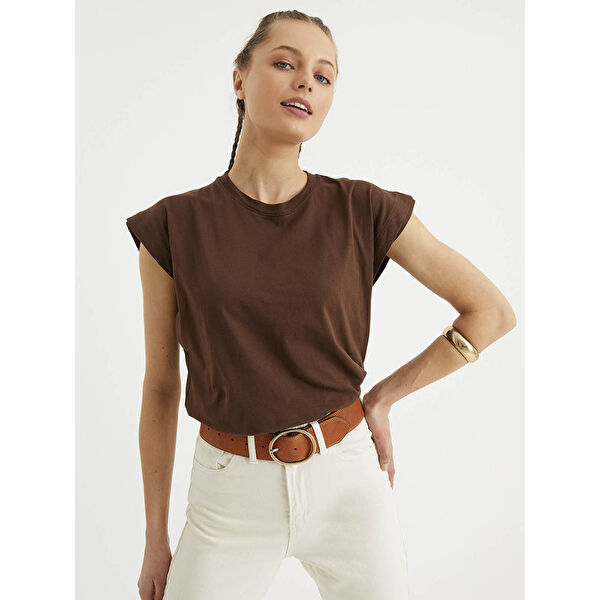 Ecrou Bisiklet Yaka Düz Kısa Kollu Pamuklu Kadın Tişört