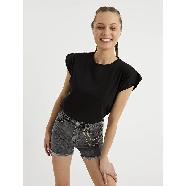 Ecrou Bisiklet Yaka Düz Kısa Kollu Pamuklu Kadın Tişört