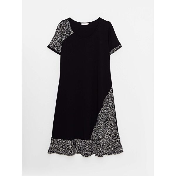 Bisiklet Yaka Desenli Kısa Kollu A Kesim Kadın Elbise