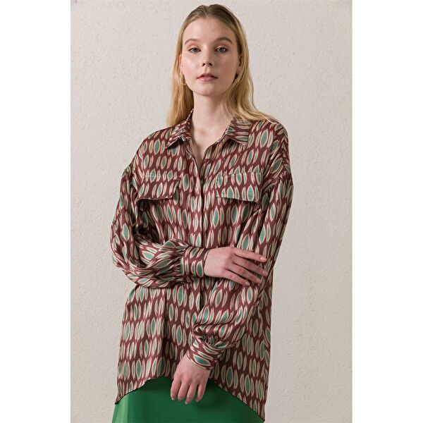 Önden Düğme Kapamalı Desenli Uzun Kollu Oversize Kadın Gömlek