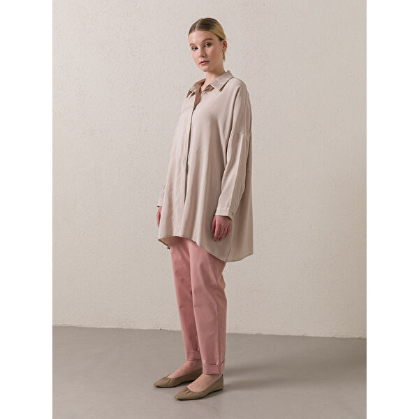 QOOQ STORE Önden Düğme Kapamalı Düz Uzun Kollu Oversize Kadın Gömlek