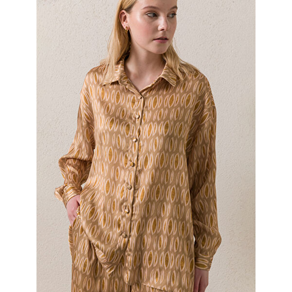 QOOQ STORE Gömlek Yaka Desenli Uzun Kollu Saten Kadın Bluz QOOQ STORE Gömlek Yaka Desenli Uzun Kollu Saten Kadın Bluz