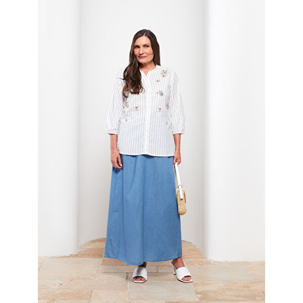 Kaçık Yaka Nakışlı Poplin Kadın Gömlek