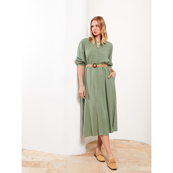 Gömlek Yaka Düz Uzun Kollu Kemerli Kadın Elbise