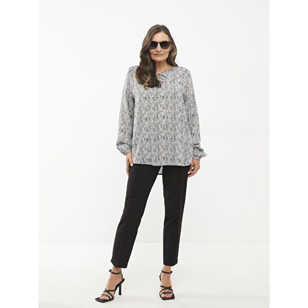 LCW GRACE Bağlamalı Yaka Desenli Uzun Kollu Viskon Kadın Bluz