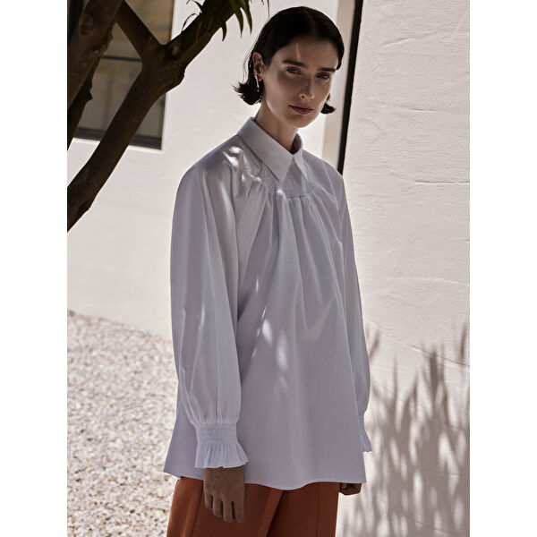 Kevser Sarıoğlu x LCW Modest Gömlek Yaka Düz Uzun Kollu Poplin Kadın Bluz