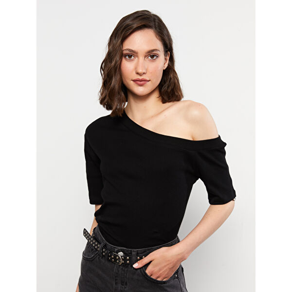 Tek Omuz Düz Kısa Kollu Pamuklu Kadın Tişört