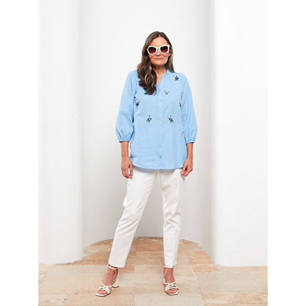 Kaçık Yaka Nakışlı Pamuklu Kadın Gömlek