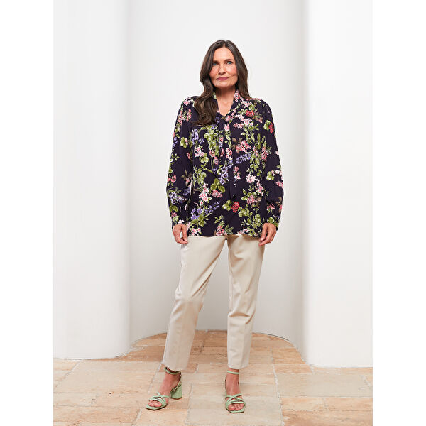 Bağlamalı Yaka Desenli Uzun Kollu Viskon Kadın Bluz