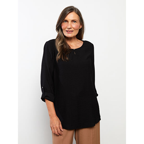 Bisiklet Yaka Düz Uzun Kollu Kadın Bluz