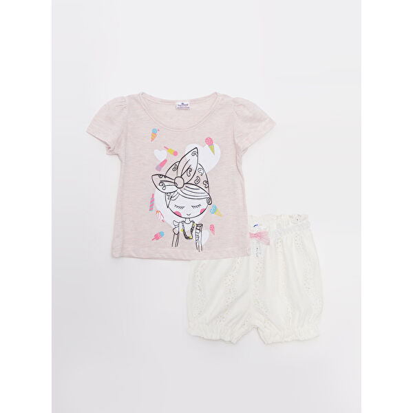 Luggi Baby Bisiklet Yaka Kısa Kollu Baskılı Pamuklu Kız Bebek 2'li Takım